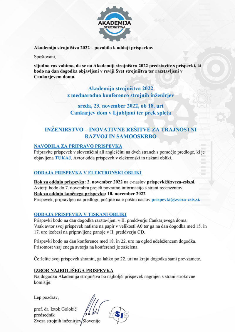 Akademija strojništva 2022 – povabilo k oddaji prispevkov - ZSIS